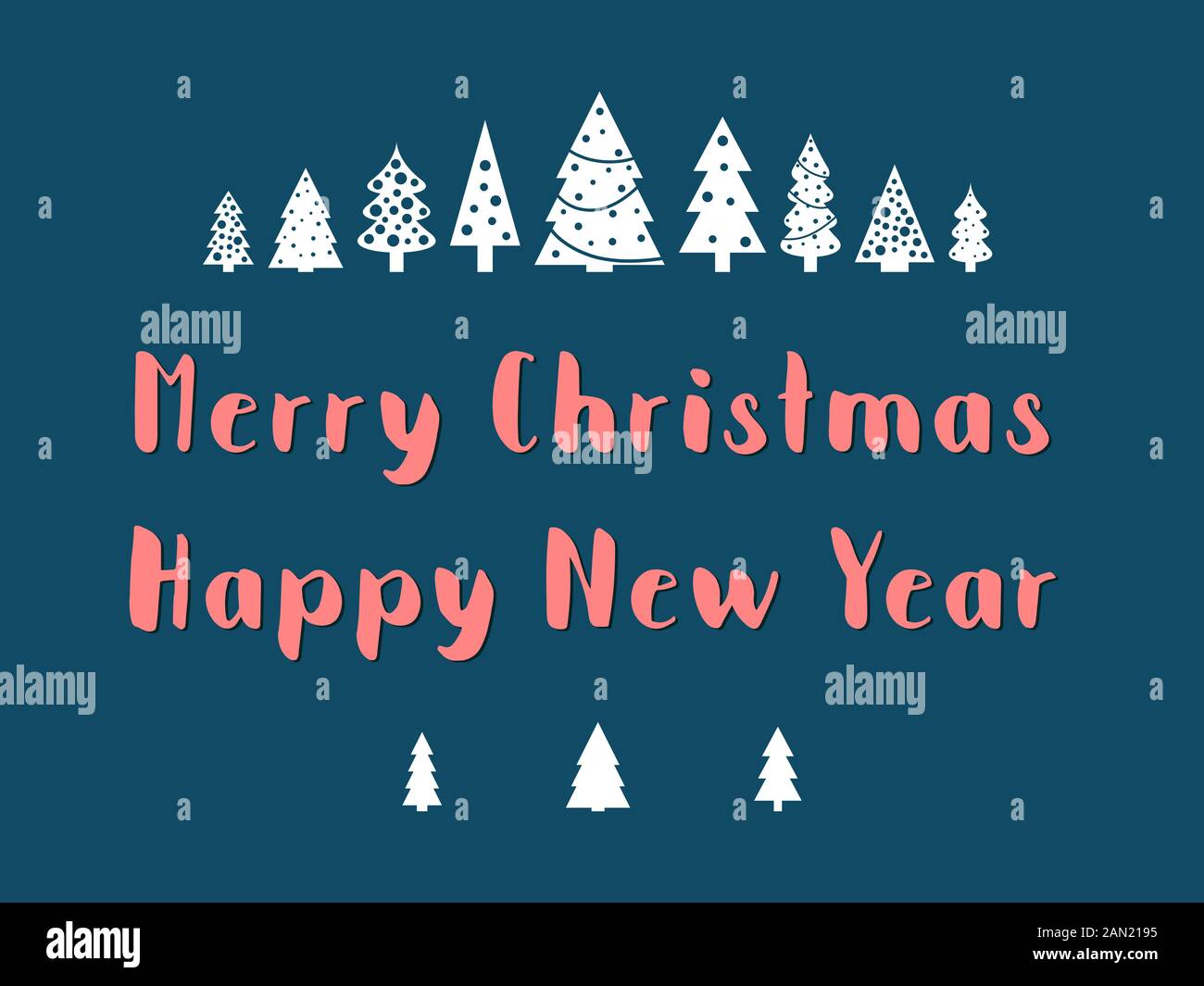 Merry Christmas text with small Christmas trees. Greeting card vector ...