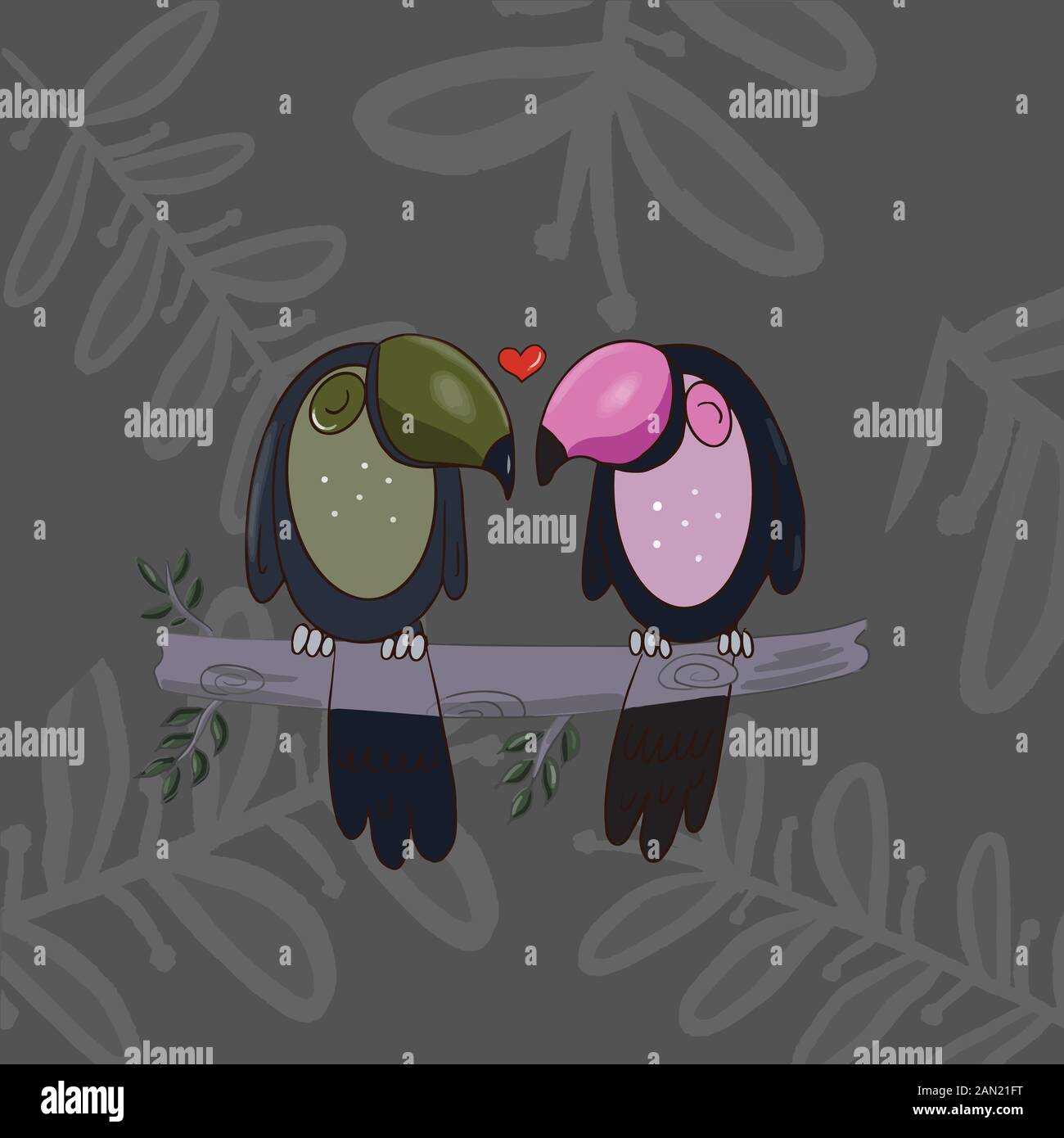 Color vector illustration of toucan birds on a branch for Valentine day ...