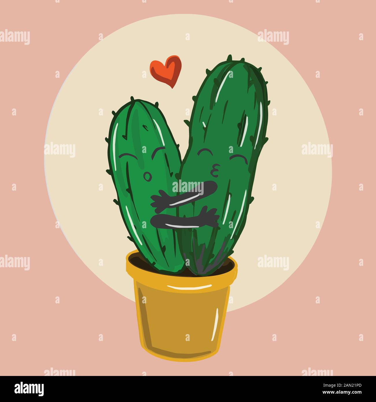 Color vector illustration of cactus succulent plants for Valentine day ...