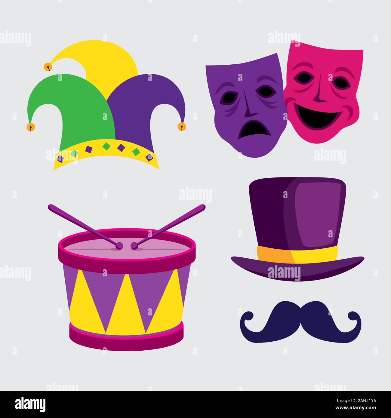 Mardi gras masks hat drum and mustache vector design Stock Vector Image ...