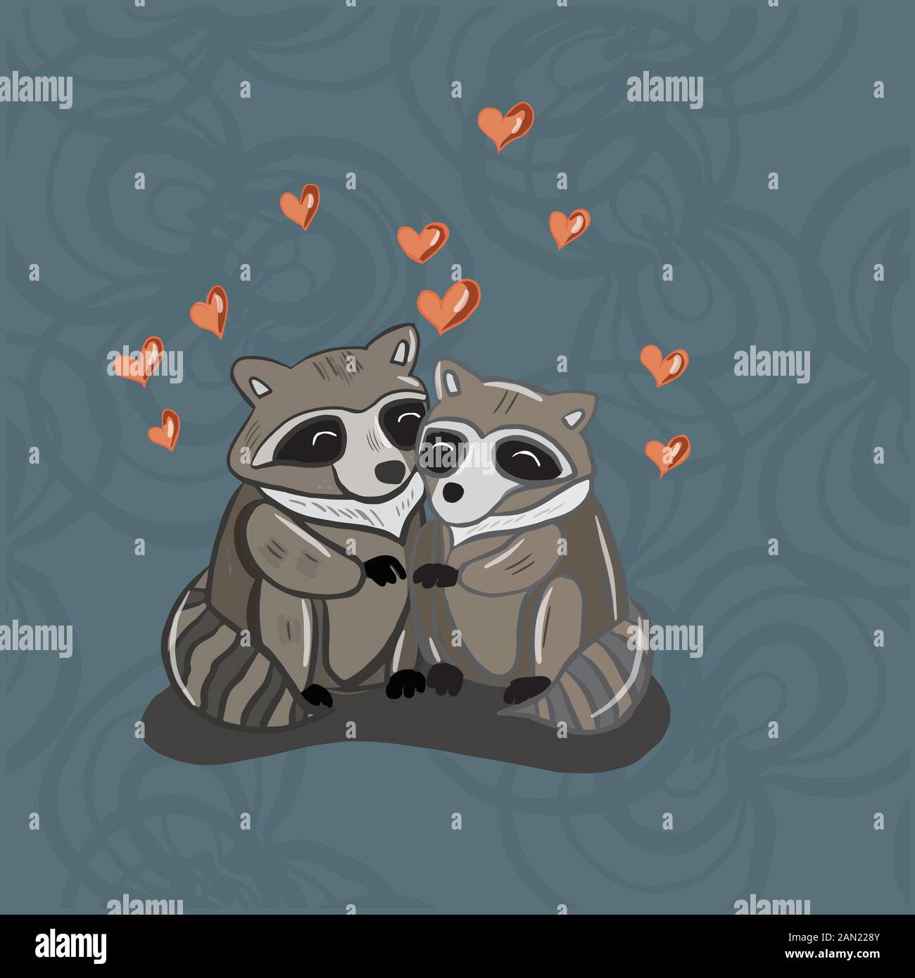 Color vector illustration of animal raccoons for Valentine day, couples ...