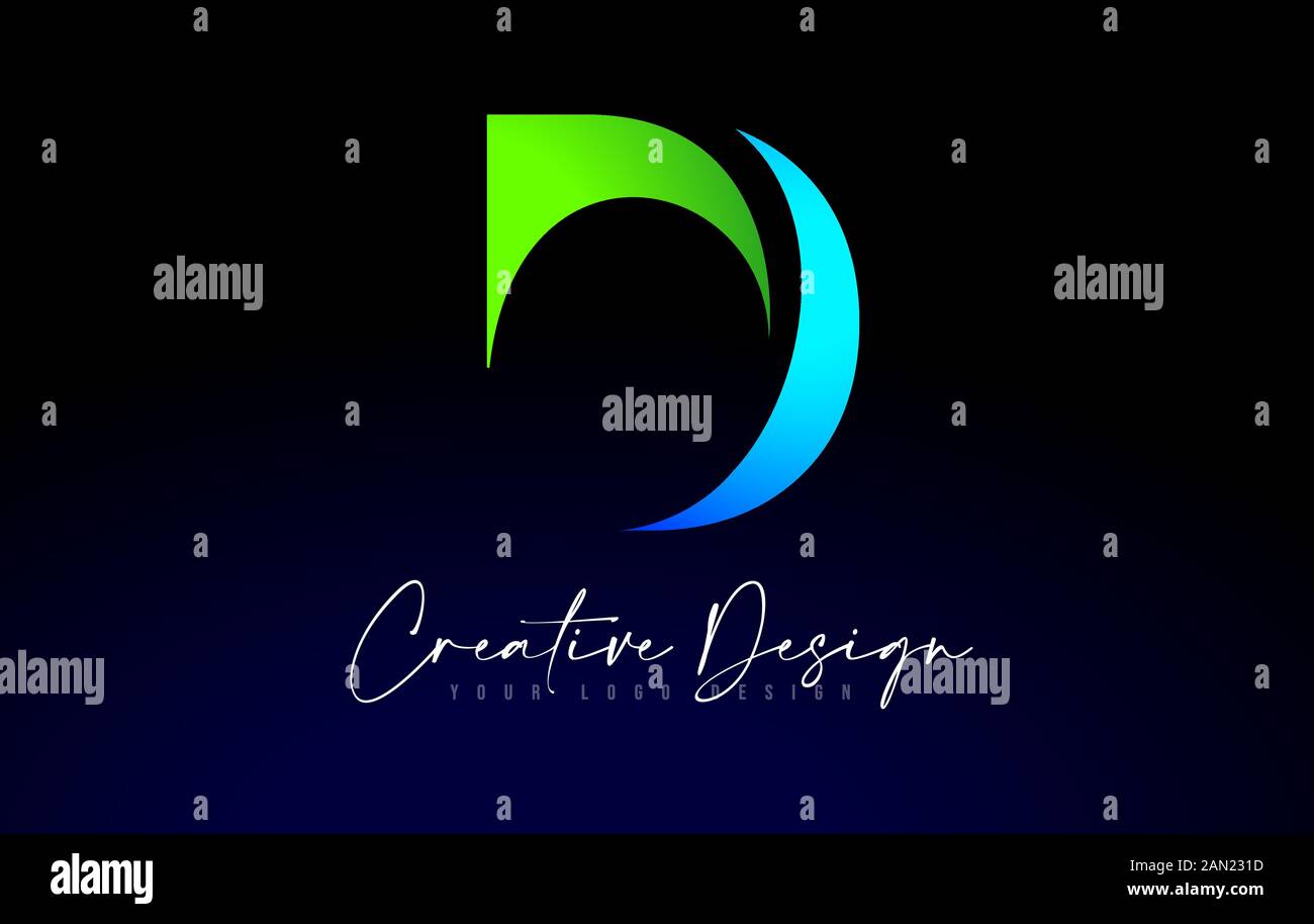 D letter Design with Creative cut and Green Blue Colors on Dark ...