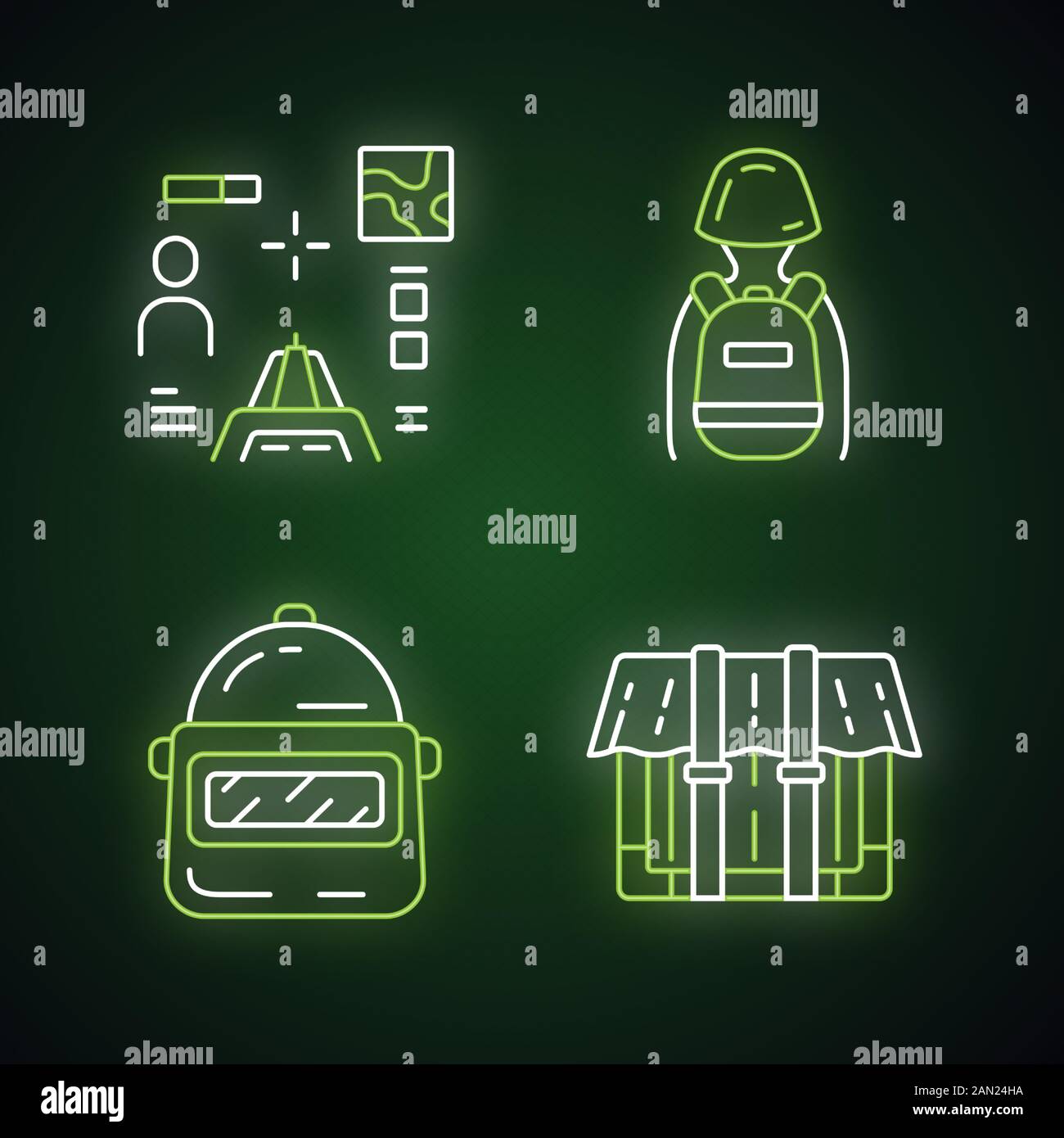 Online game inventory neon light icons set. Shooter from first person ...