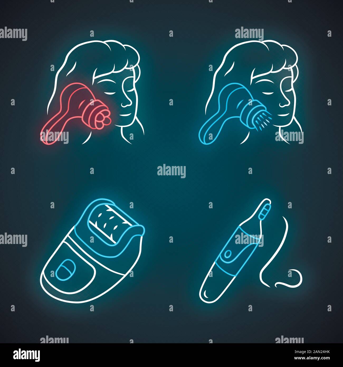 Beauty devices neon light icons set. Face massager, cleaning brush ...