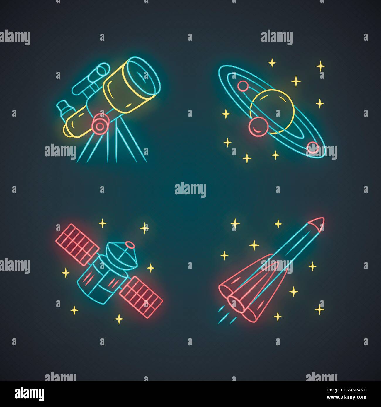 Astronomy neon light icons set. Space exploration. Telescope, Solar System, artificial satellite ...