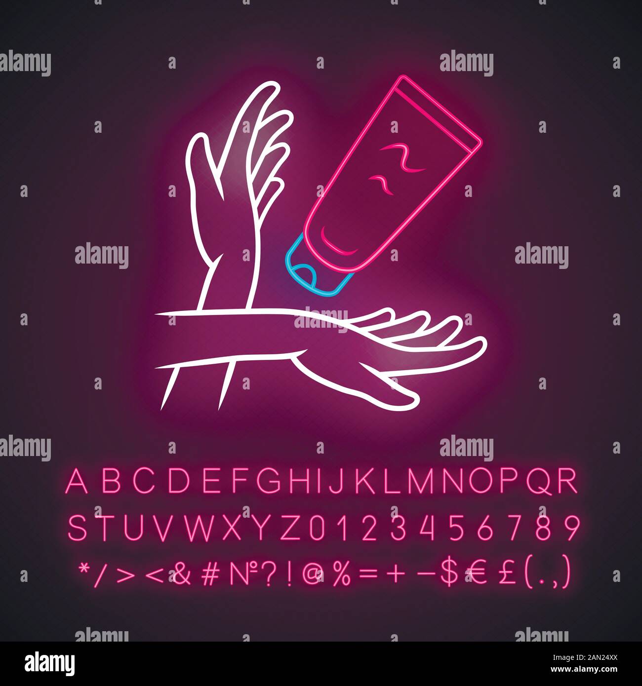 Sunblock, moisturizing hand cream neon light icon. Glowing sign with ...