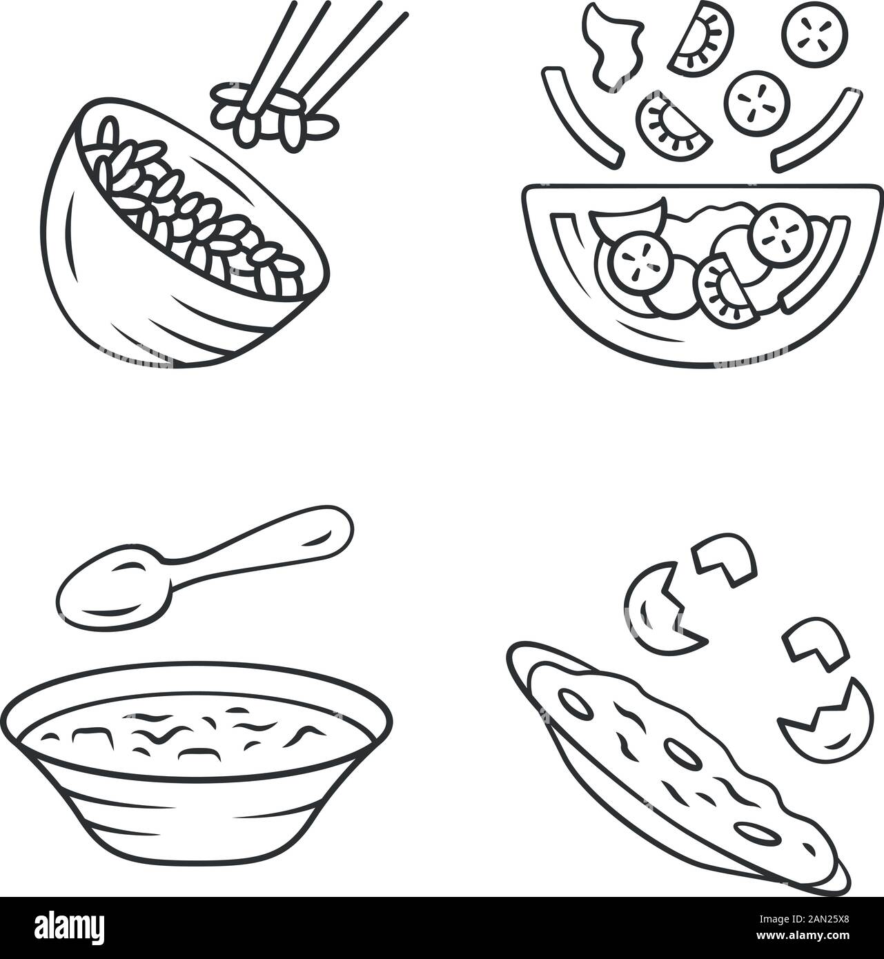 Organic food linear icons set. Rice, vegetables, eggs. Salad, soup ...