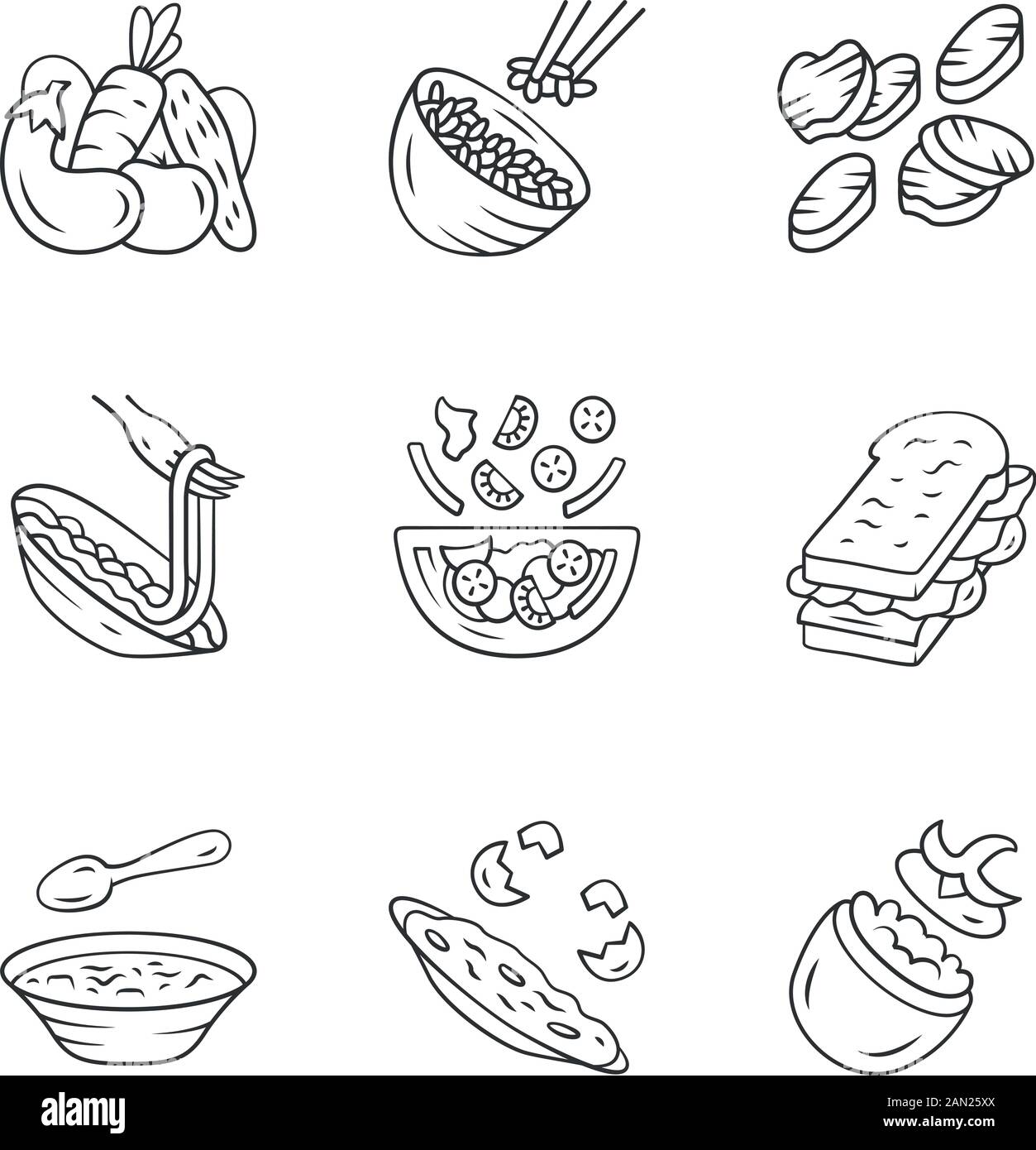 Restaurant menu dishes linear icons set. Salads, soup, main dishes ...