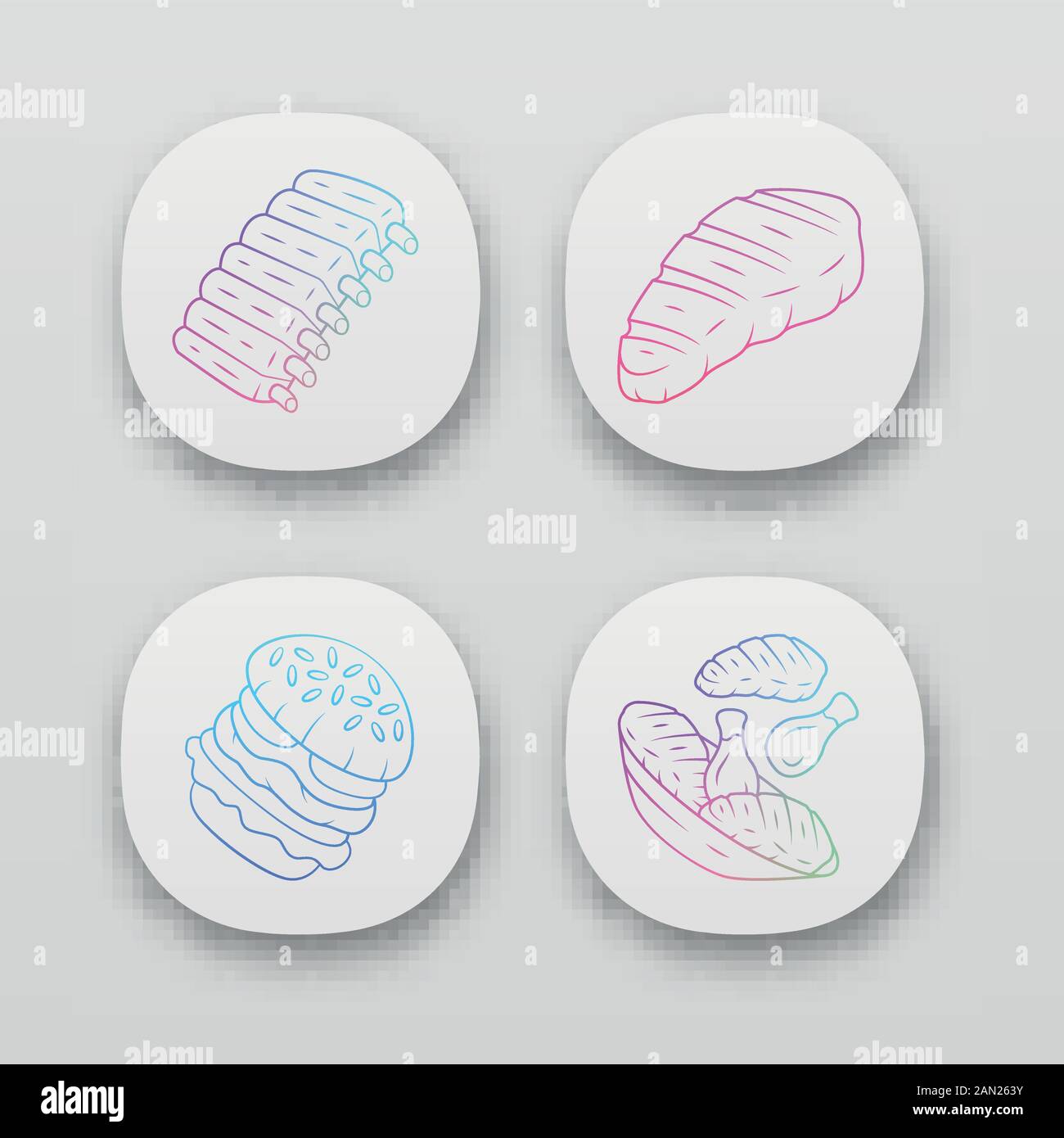 Meat dishes app icons set. Steak, beef ribs, chicken legs, burger. Fast ...