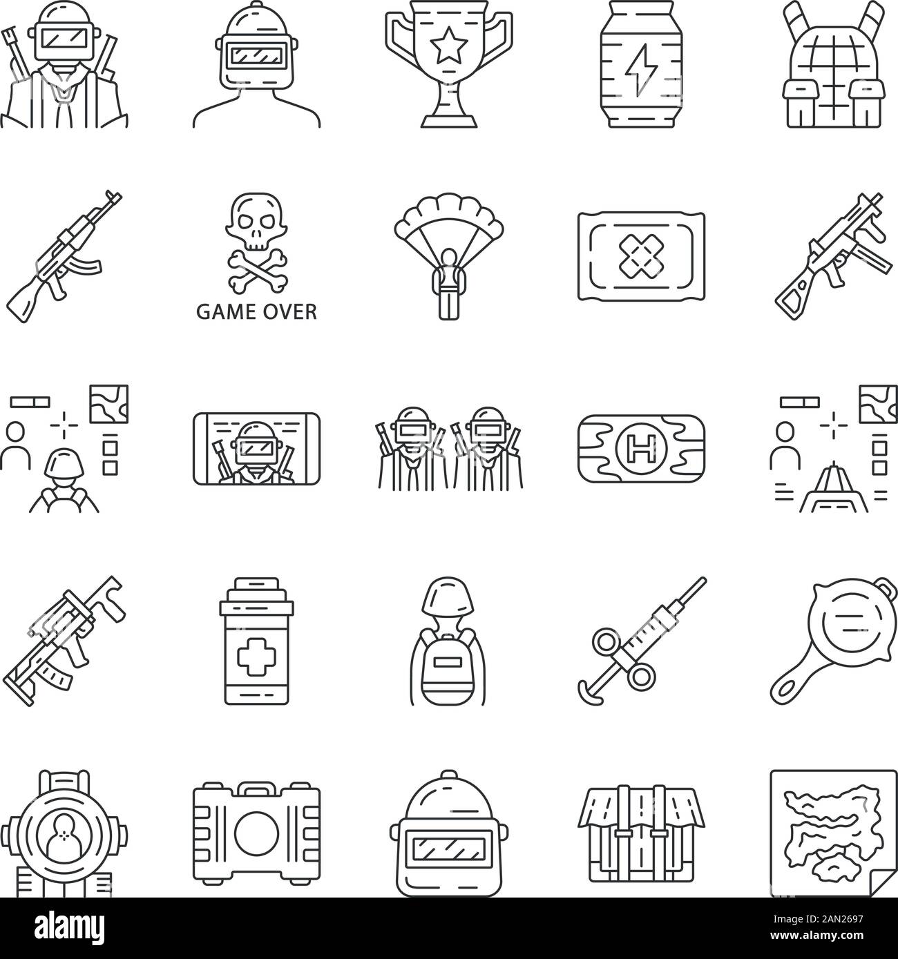 Online game inventory linear icons set. Online multiplayer battle ...