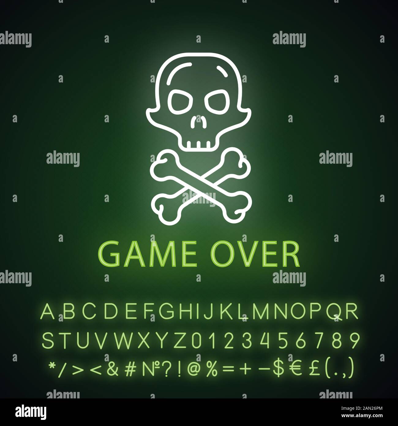Game over neon light icon. Virtual video game end, failure. Skull with ...