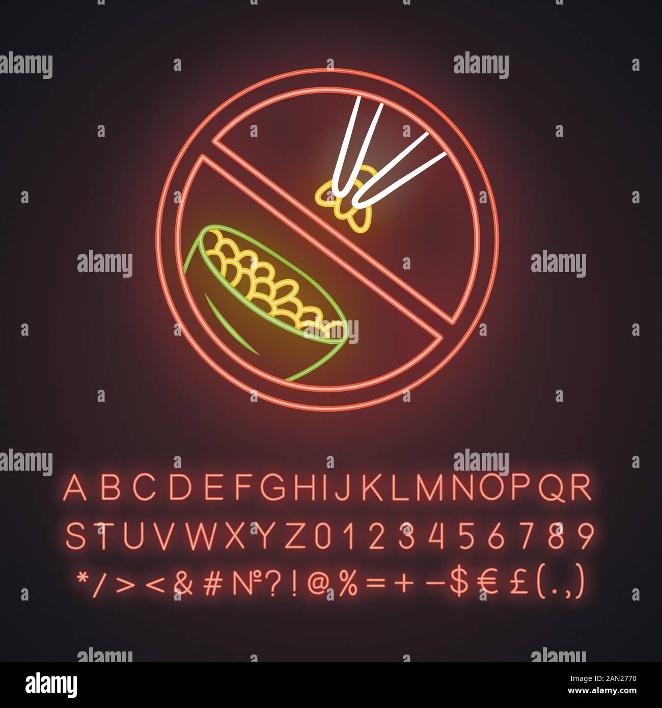 No rice diet neon light icon. No carbs dish label. Low calories food ...