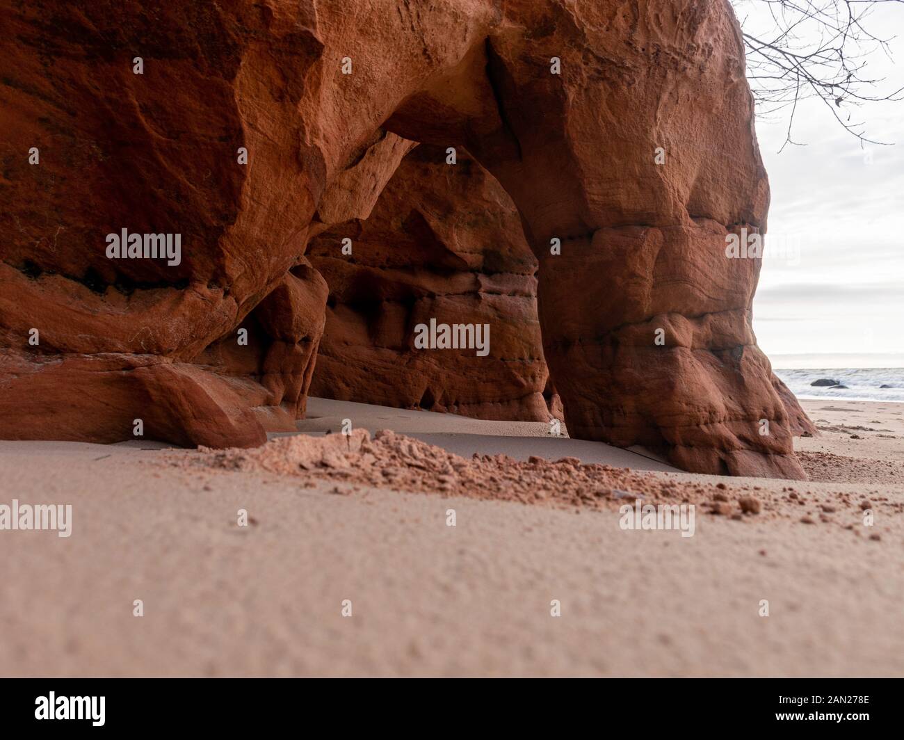landscape with sandstone rock fragments on blurred background, Vidzeme ...