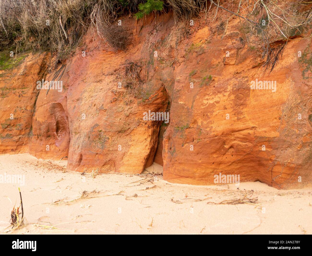 landscape with sandstone rock fragments on blurred background, Vidzeme ...