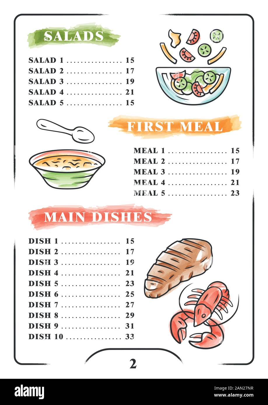 Restaurant menu color template. Salads, first meal, main dishes. Print ...