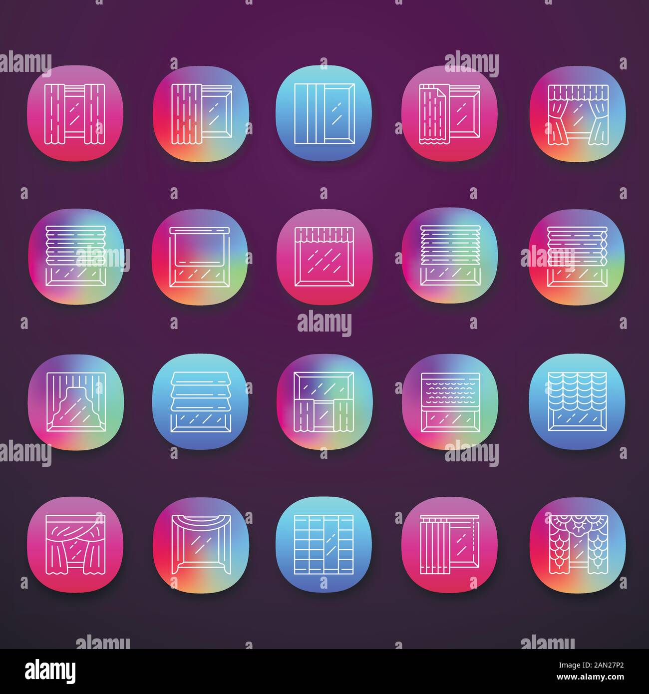 Window treatments and curtains app icons set. Roman shades, blinds ...