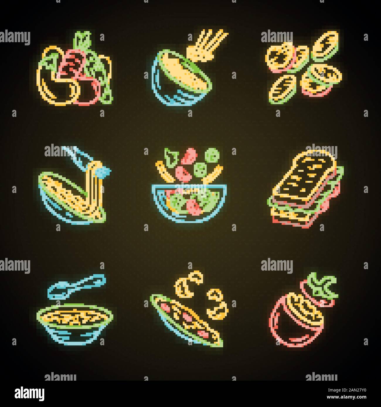Restaurant menu dishes neon light icons set. Salads, soup, main dishes ...