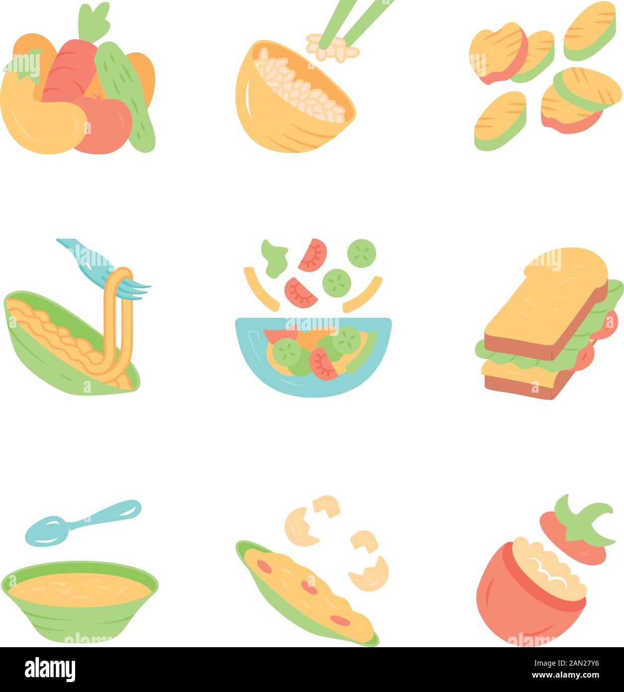 Restaurant menu dishes flat design long shadow color icons set. Salads ...