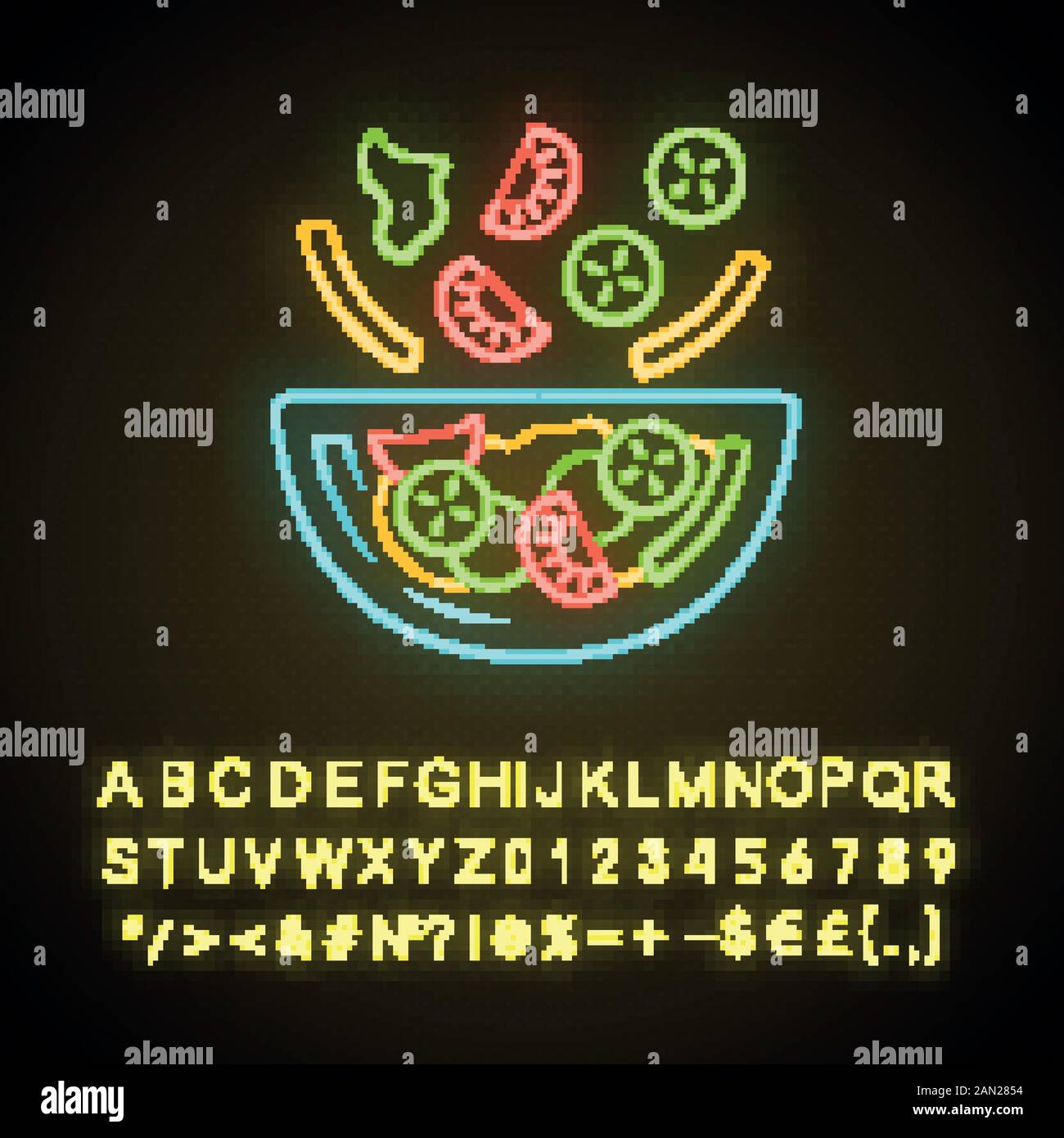 Salad bowl neon light icon. Fresh organic food. Vegan eating ...