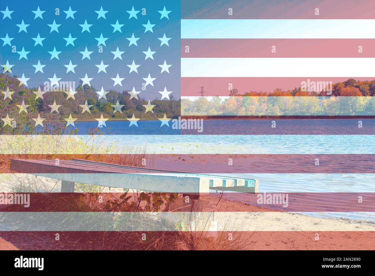 United states flag composite over a nature scene in the fall. Theme of ...