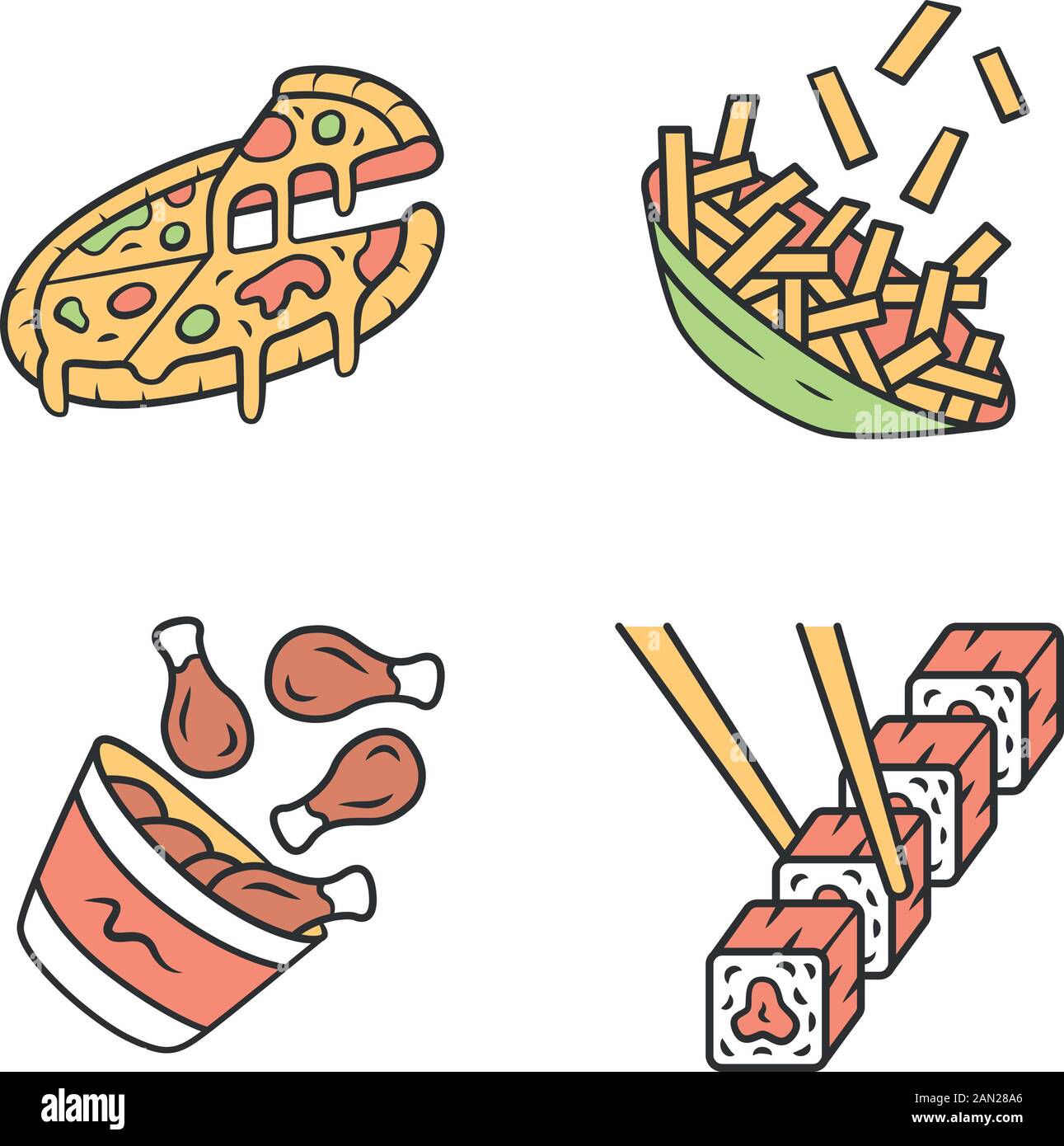 Fast food color icons set. Pizza, french fries, chicken drumsticks ...
