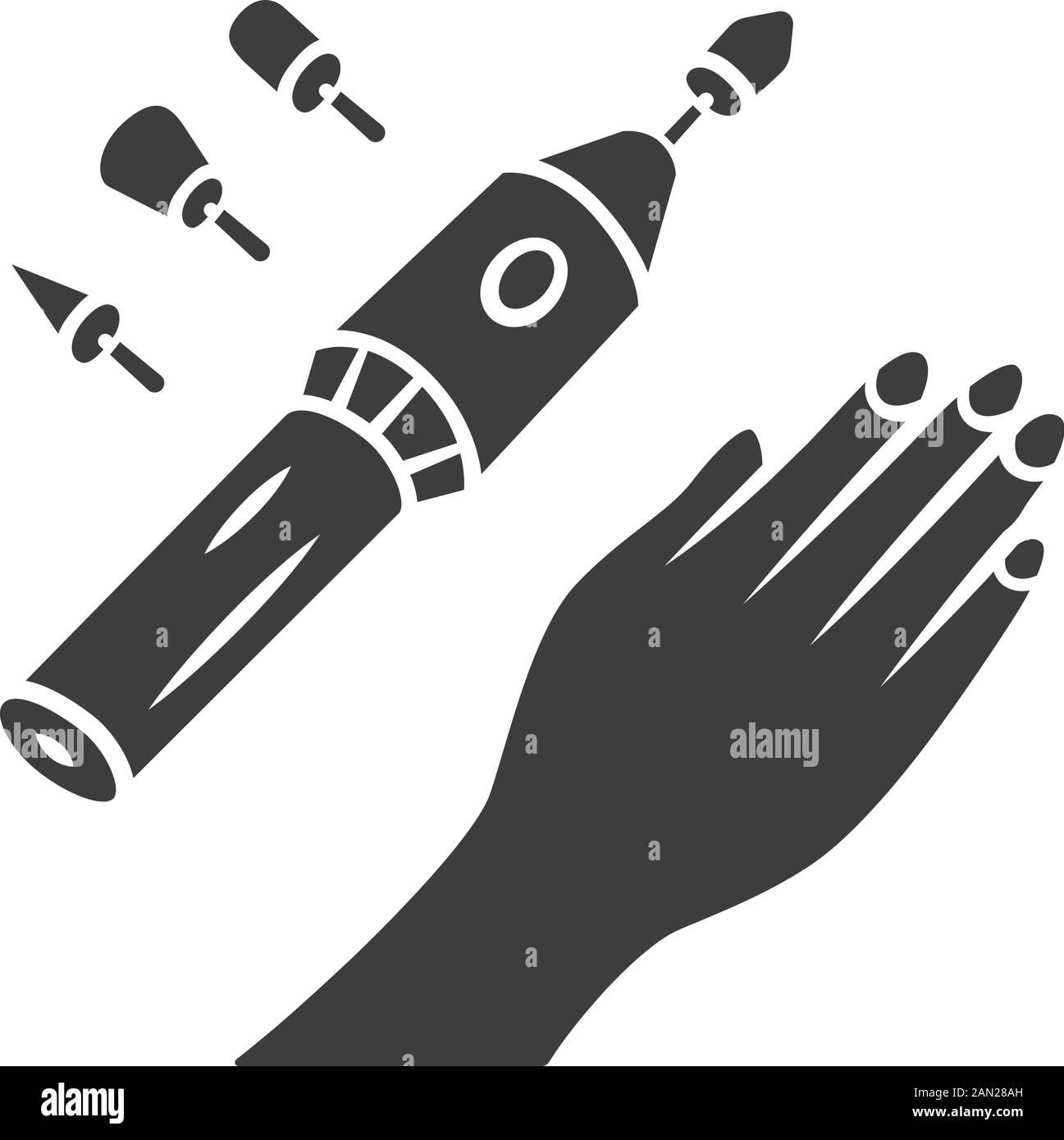 Electric manicure glyph icon. Electric nail file drill and nozzles ...