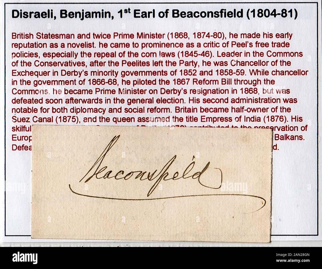 Signature of Benjamin Disraeli, 1st Earl of Beaconsfield (1804-81 Stock ...