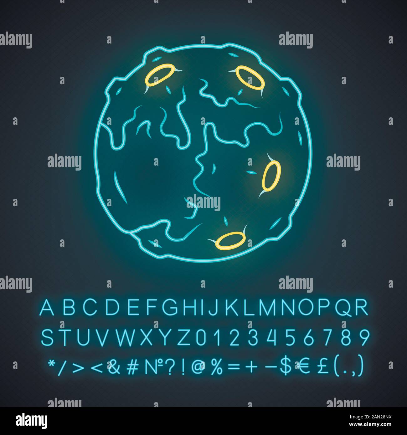 Moon neon light icon. Earth satellite. Fantastic planet with volcanoes ...