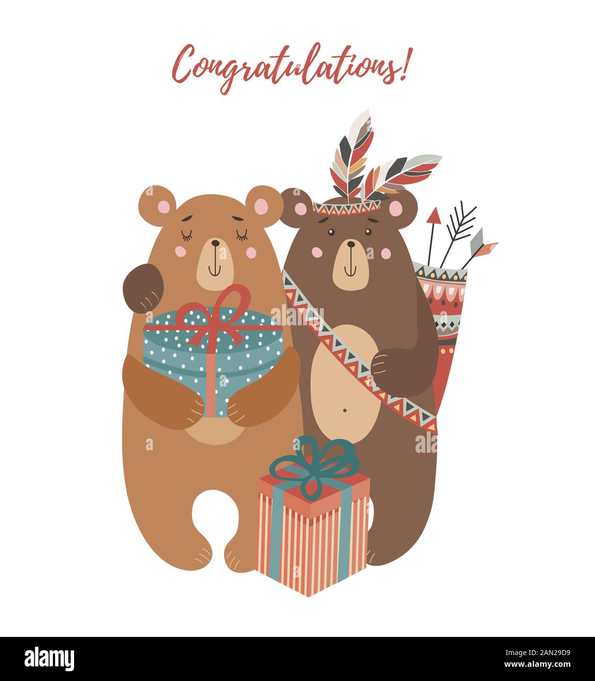 Hand drawn cute two bears: with bouquet of flowers ,tribal feathers and ...