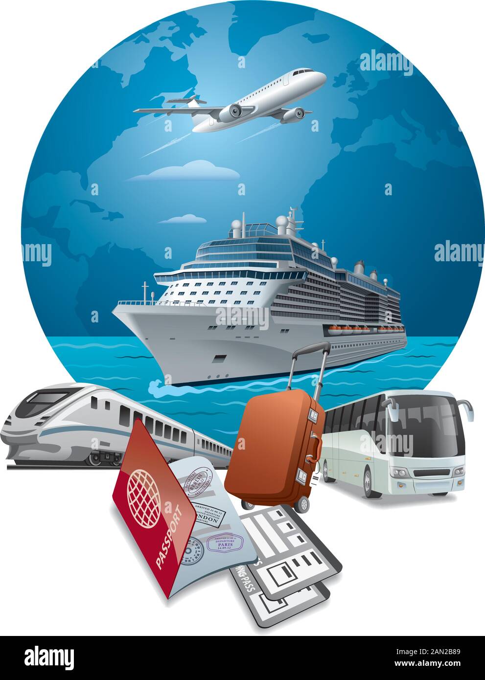 concept illustration of travel and journey transport around the world ...