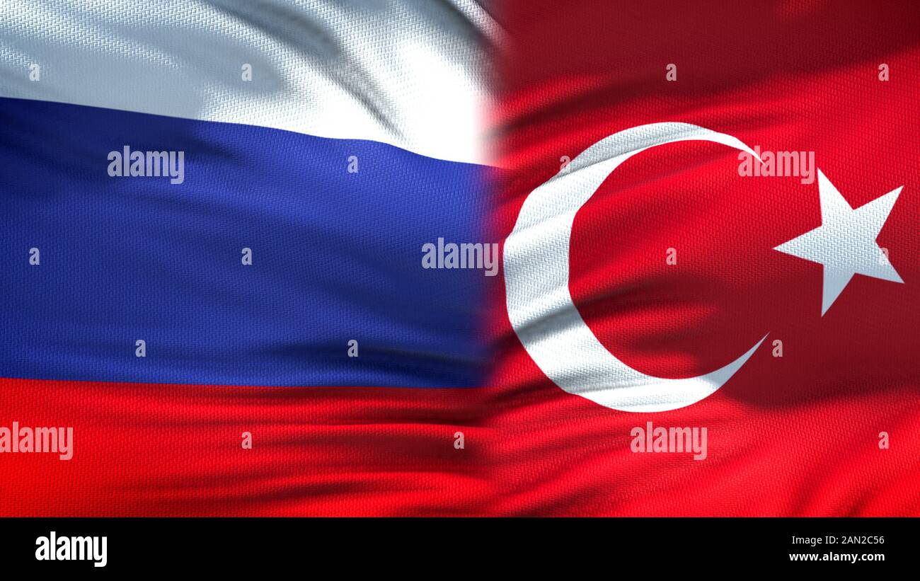 Russia and Turkey flags background, diplomatic and economic relations ...