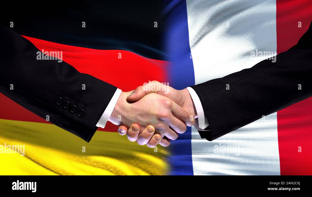 Germany and France handshake, international friendship relations flag ...