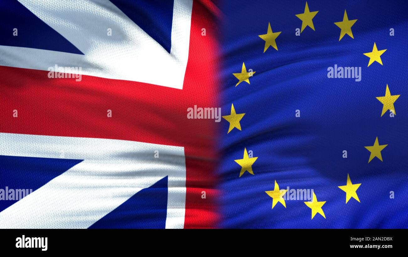 Great Britain and EU flags background, diplomatic and economic ...
