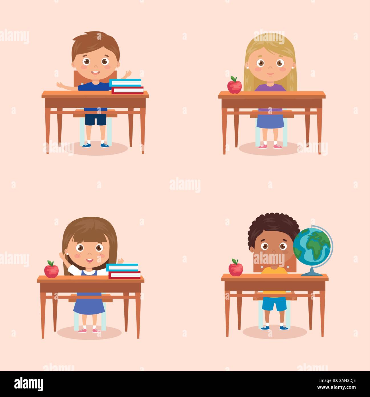 set of children student sitting in school desk, back to school Stock ...