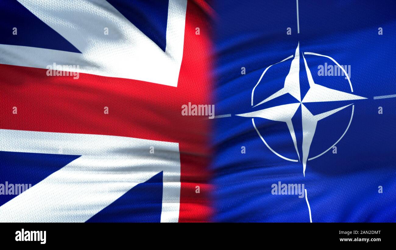 Great Britain and NATO flags background, diplomatic and economic ...