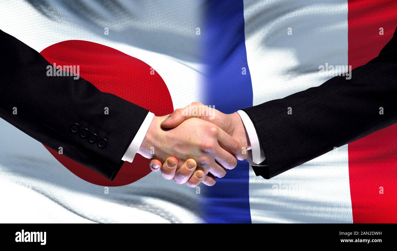 Japan and France handshake, international friendship relations, flag ...