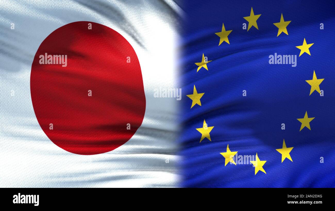 Japan and European Union flags background, diplomatic and economic ...