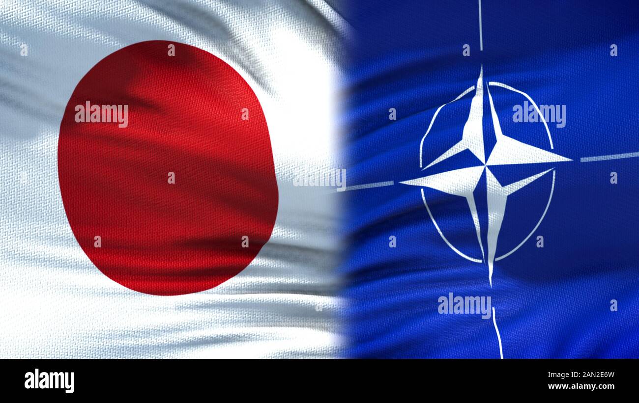 Japan and NATO flags background, diplomatic and economic relations ...