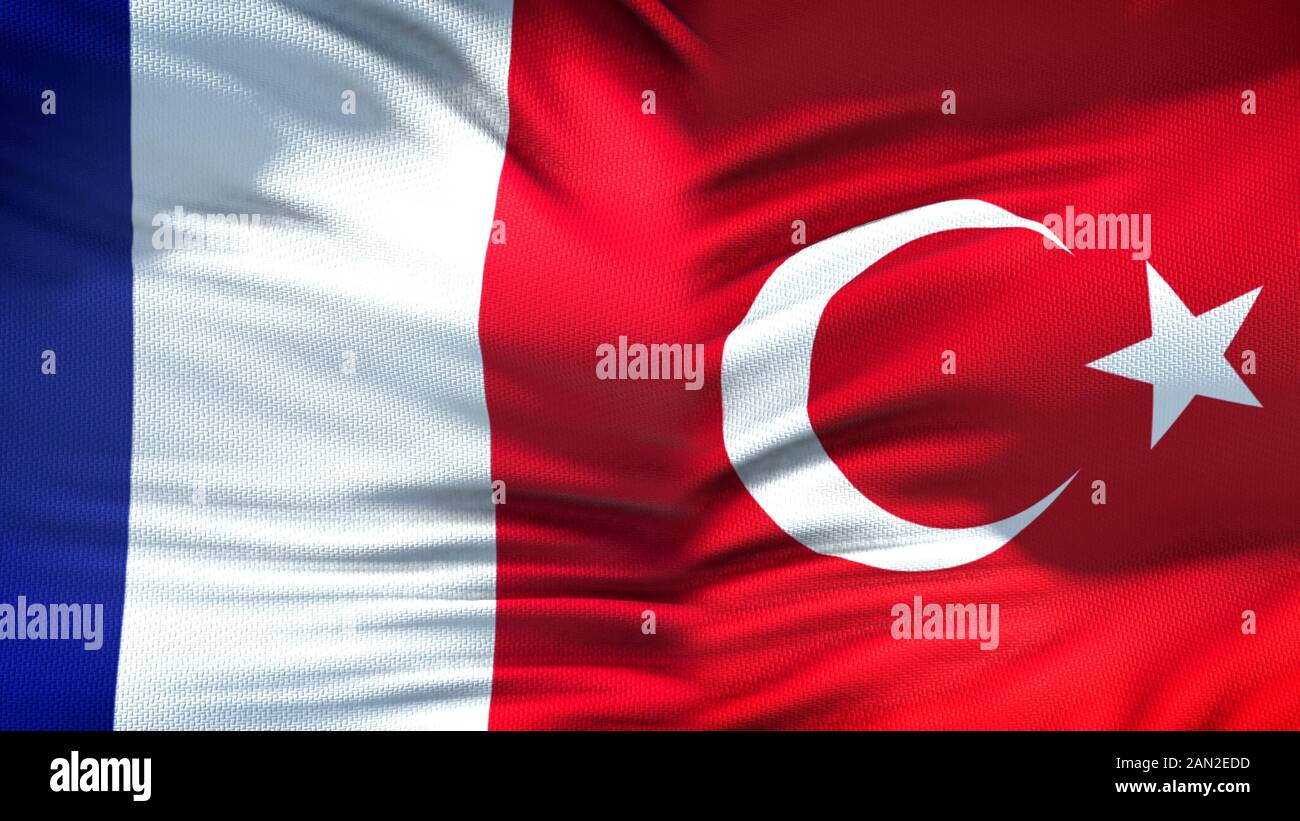 France and Turkey flags background, diplomatic and economic relations ...