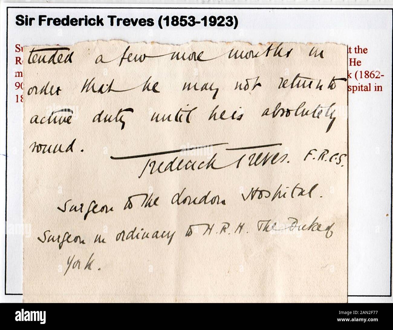 Signature of Sir Frederick Treves, 1st Baronet (1853-1923 Stock Photo ...