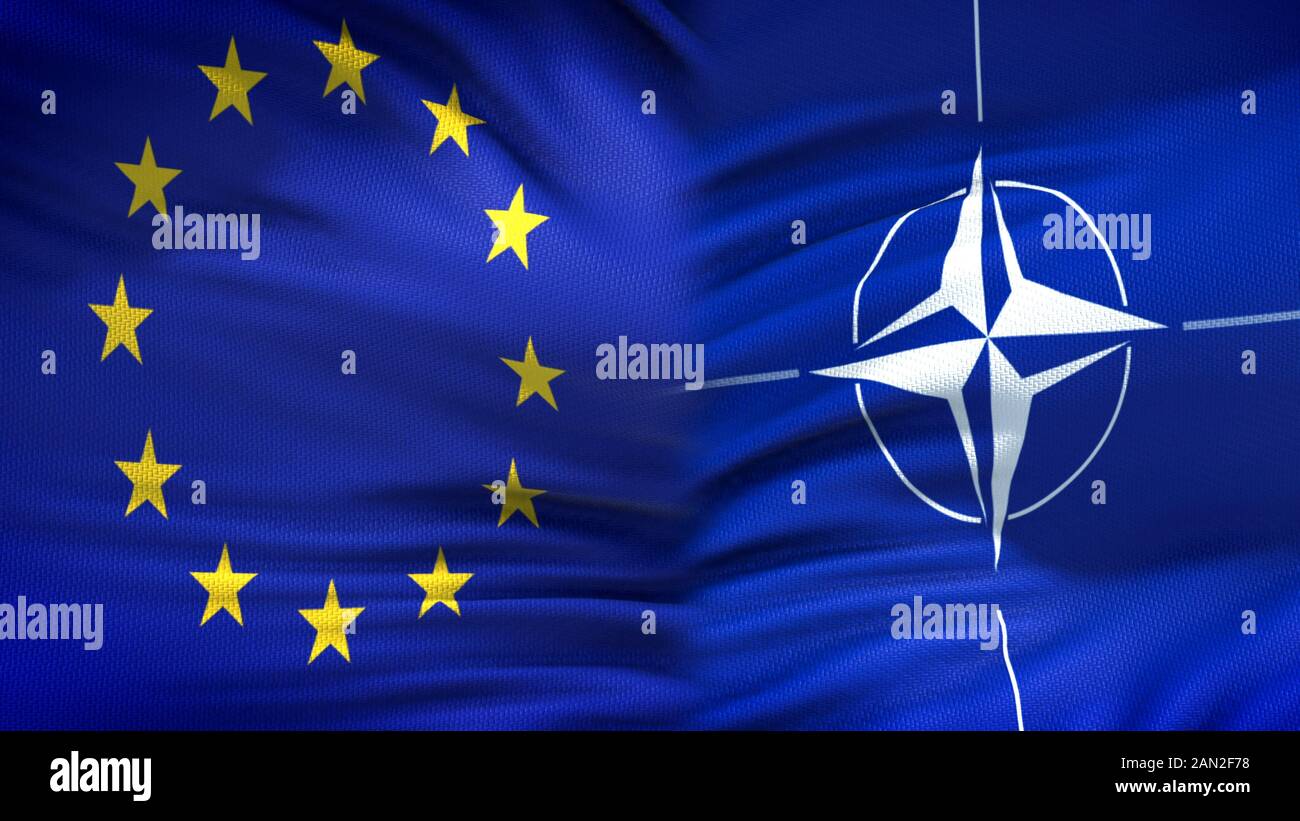 European Union and NATO flags background, diplomatic and economic ...
