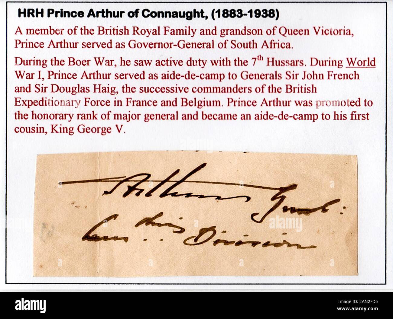 Signature of Prince Arthur, Duke of Connaught and Strathearn (1883-1938 ...