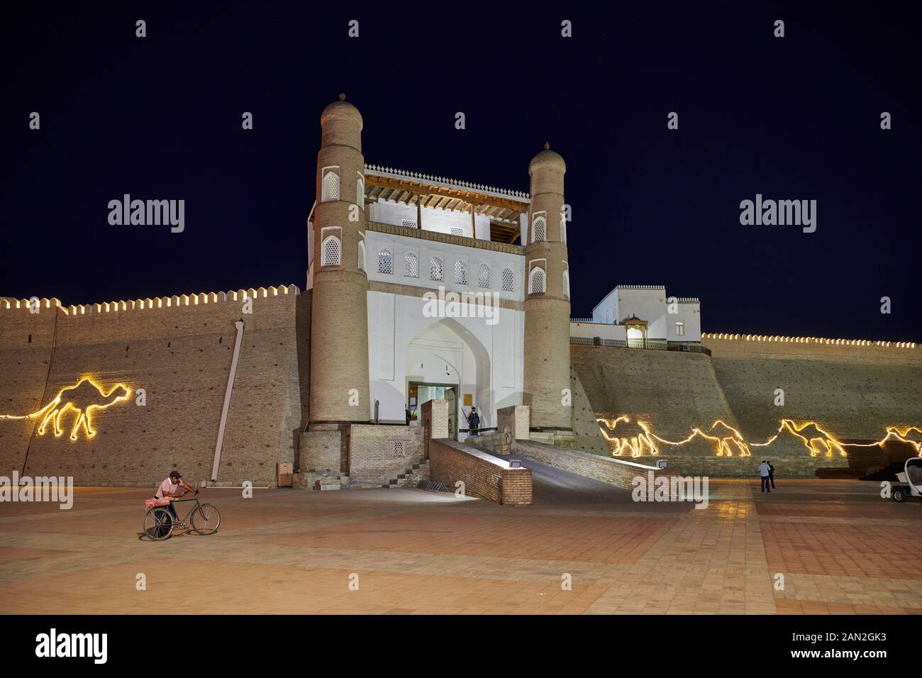 citadel and fortress The Ark, night shot of Gate and rampart, Bukhara ...