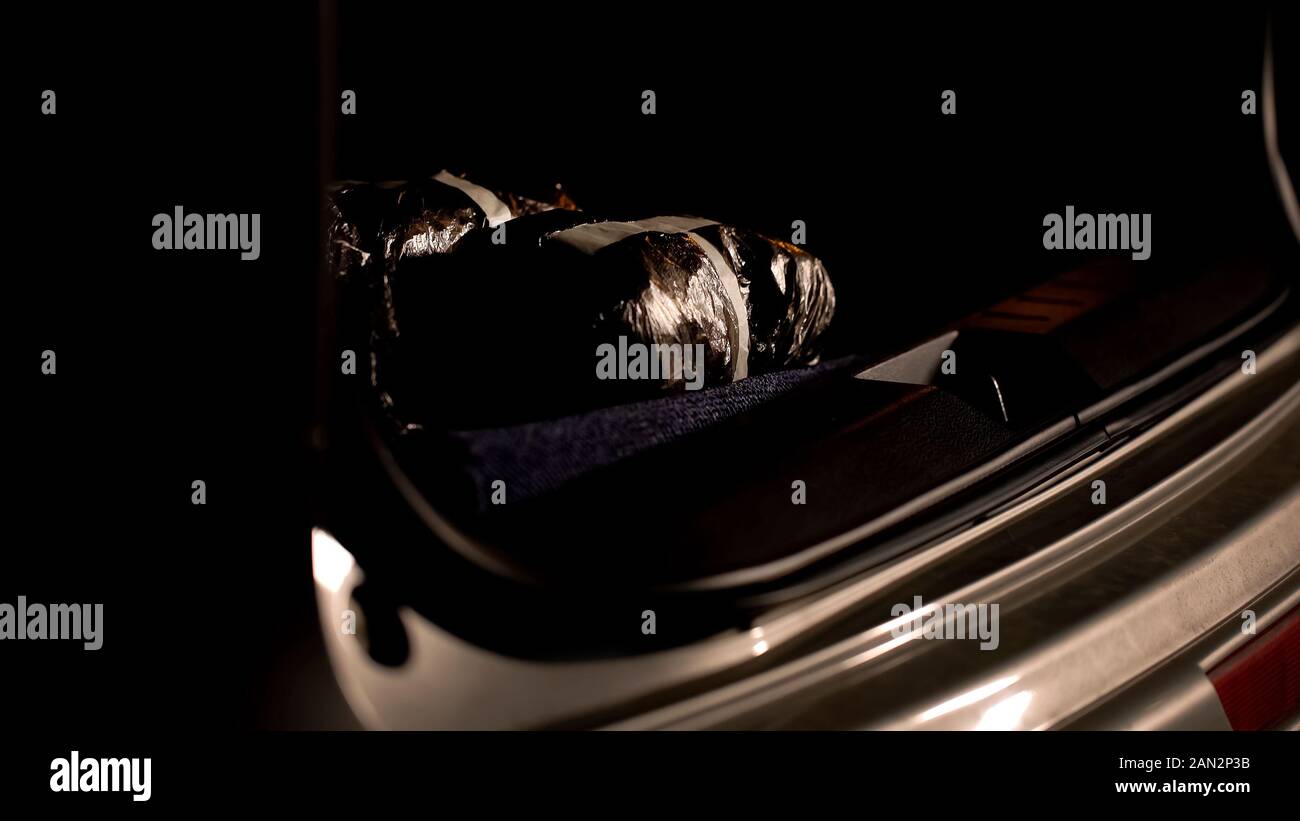 Packages with heroin hidden in car trunk, smuggling, evidence in drug ...