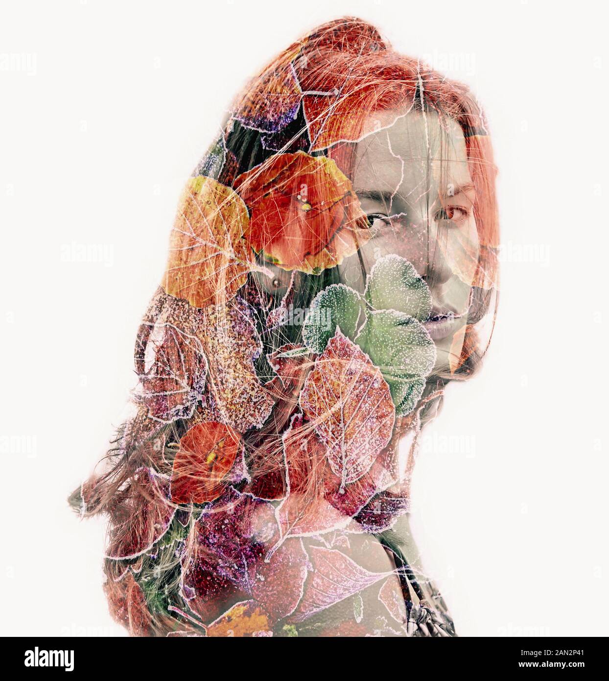 Portrait of a young woman with long hair from the side with white ...