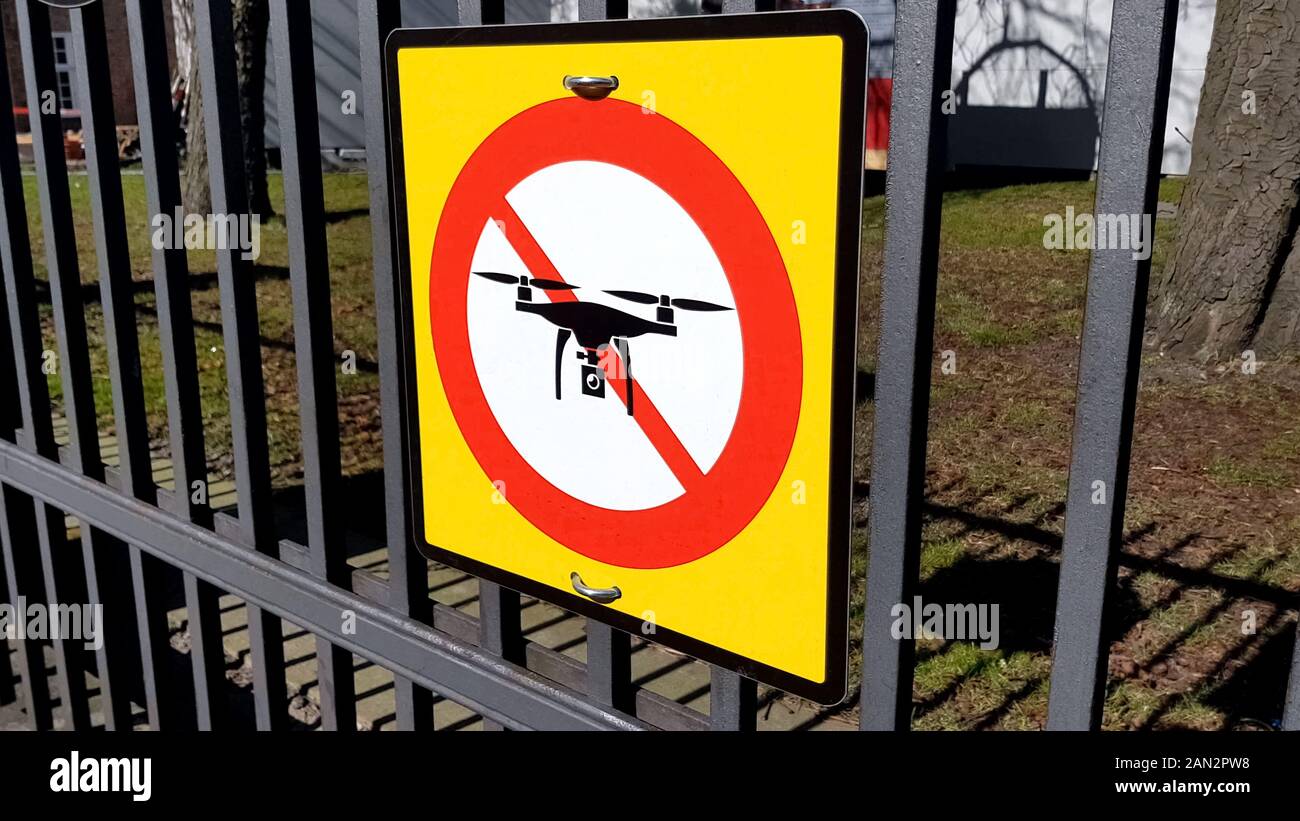 Drone forbidden, sign on private territory entrance, quadrocopters ...
