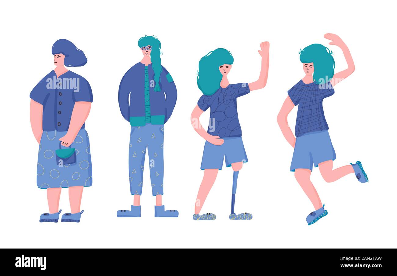 Young female characters group dressed in casual trendy clothes standing ...