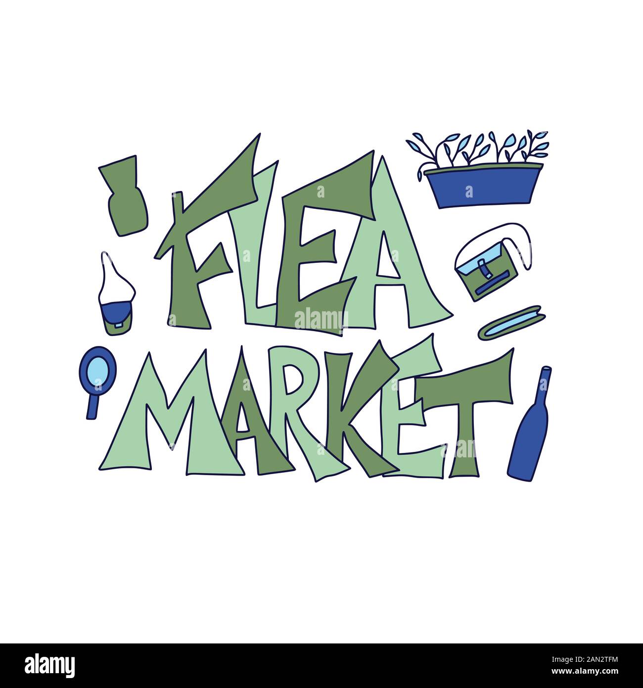 Flea market emblem. Stylized text and hand drawn decoration. Vector ...