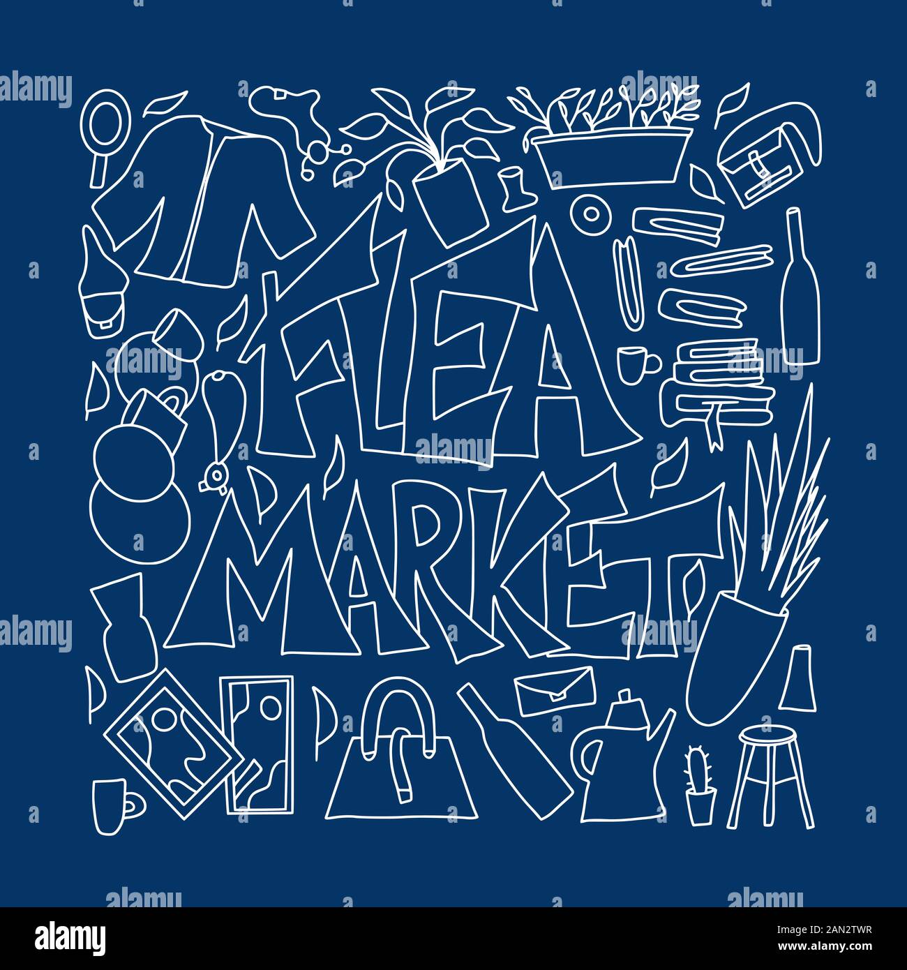 Flea market emblem. Stylized text and hand drawn decoration. Dark ...