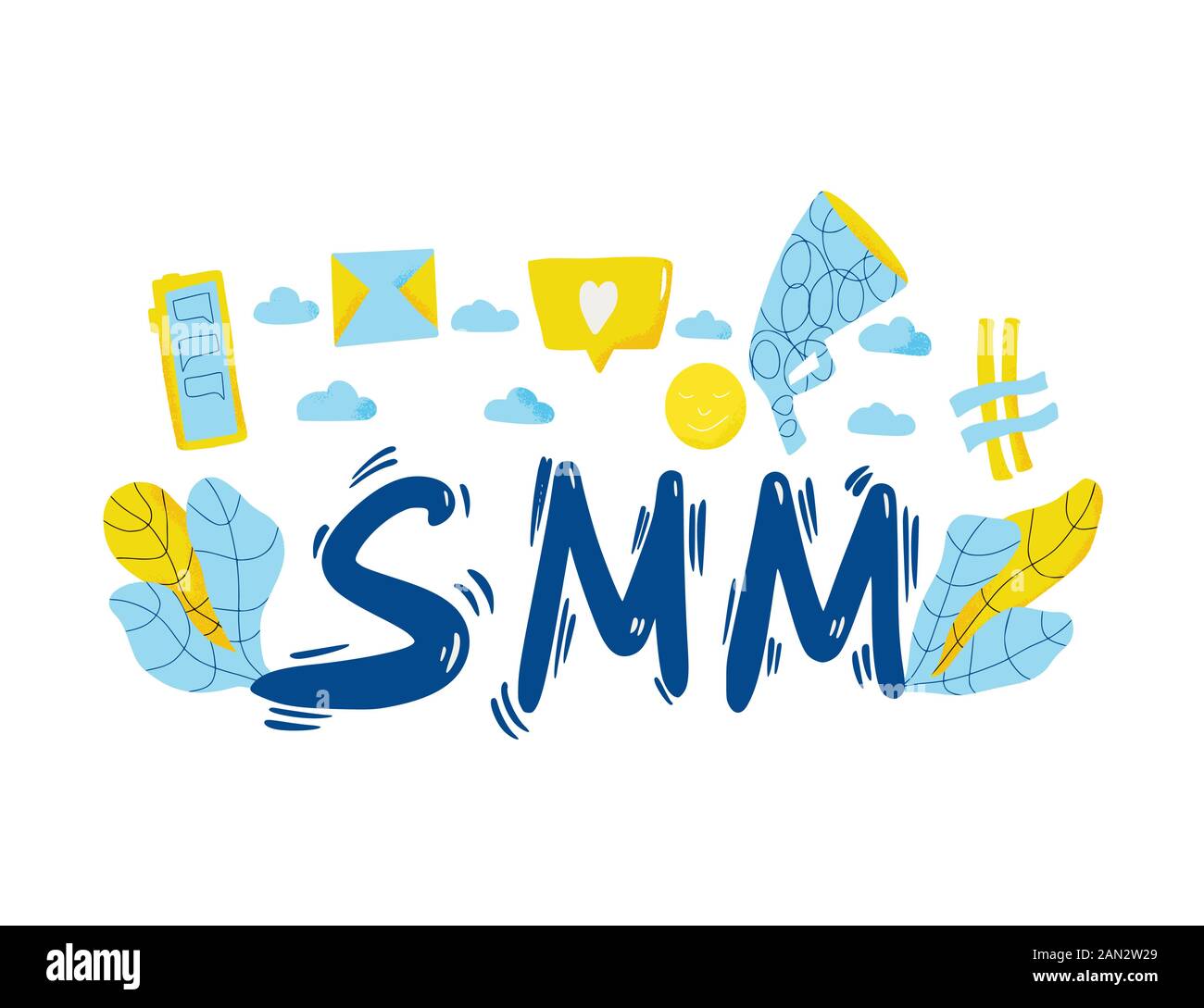 SMM text isolated on white background. Hand drawn social media ...